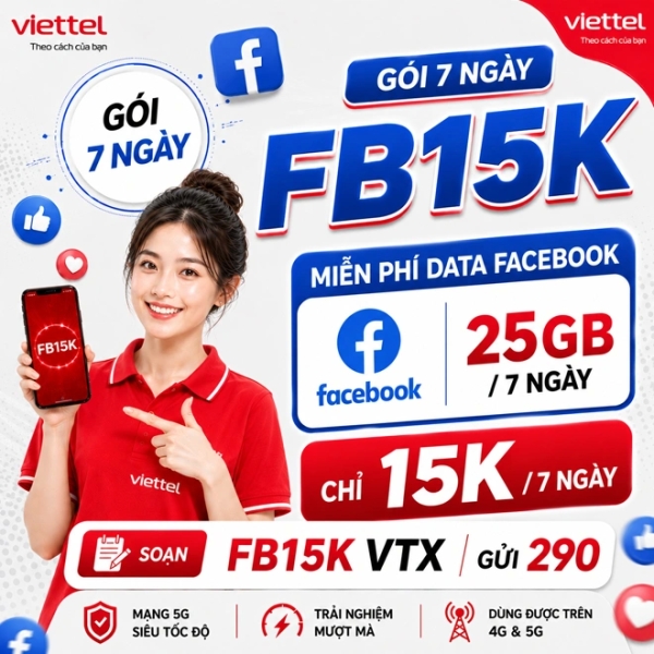 Gói FB15K Viettel | 15k/Tuần Free Data Facebook, Messenger